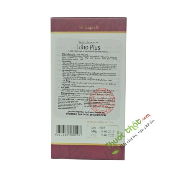 Thực Phẩm Bổ Sung Litho Plus 60 Viên - Bổ Sung Canxi Từ Tảo Biển đỏ